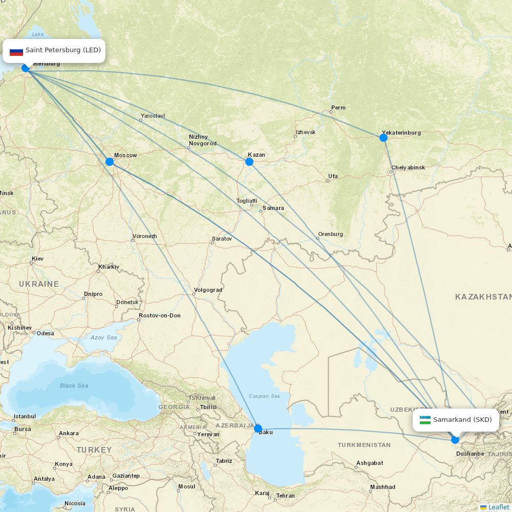 Uzbekistan Airways airline routes (HY) 2025, map - Flight Routes