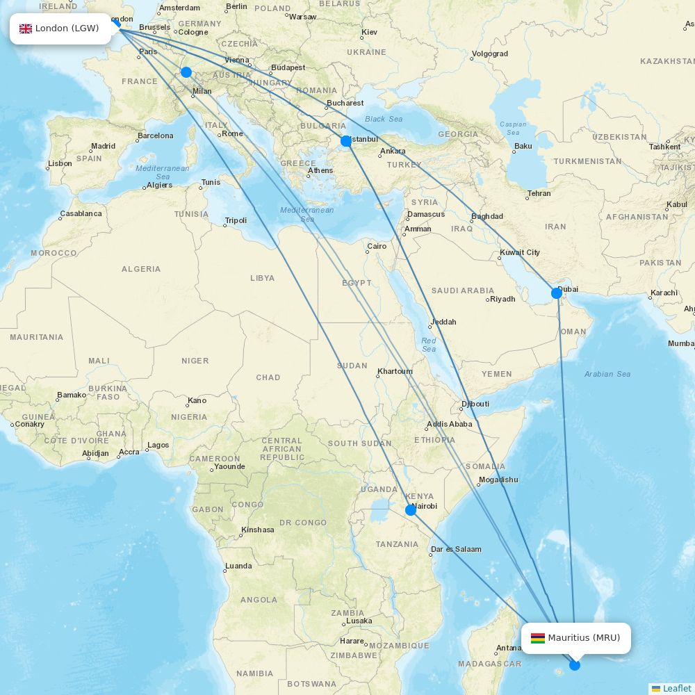 Air Mauritius airline routes (MK) 2026, map - Flight Routes