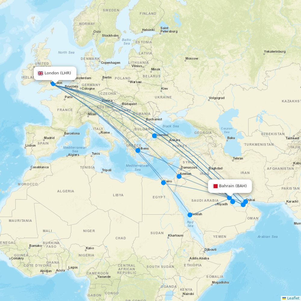 Gulf Air airline routes (GF) 2026, map - Flight Routes