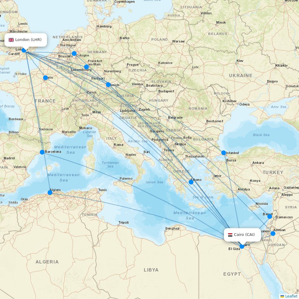 EgyptAir airline routes (MS) 2026, map - Flight Routes