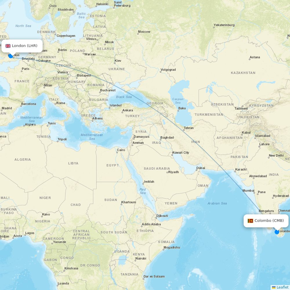 SriLankan Airlines routes (UL) 2025, map - Flight Routes