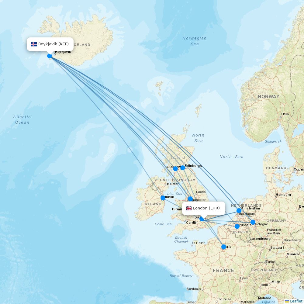 Icelandair airline routes (FI) 2025, map - Flight Routes