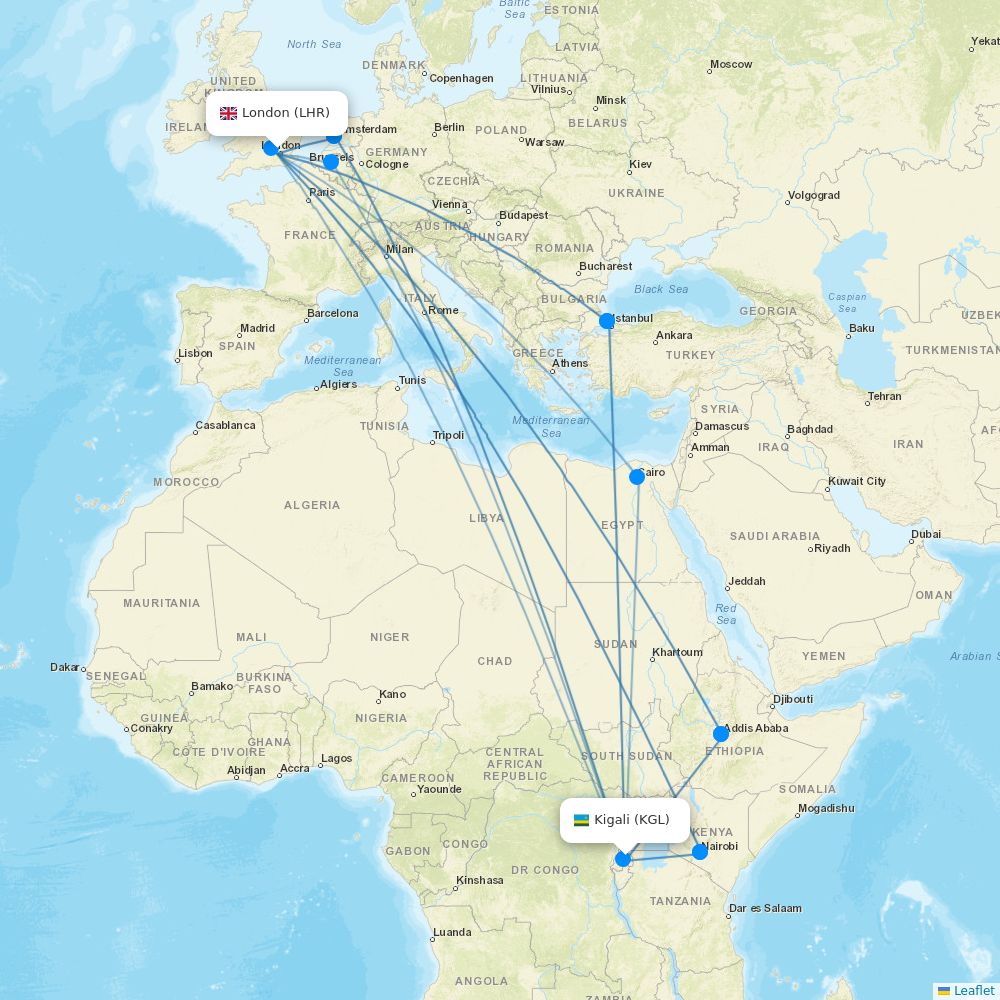 RwandAir airline routes (WB) 2025, map - Flight Routes