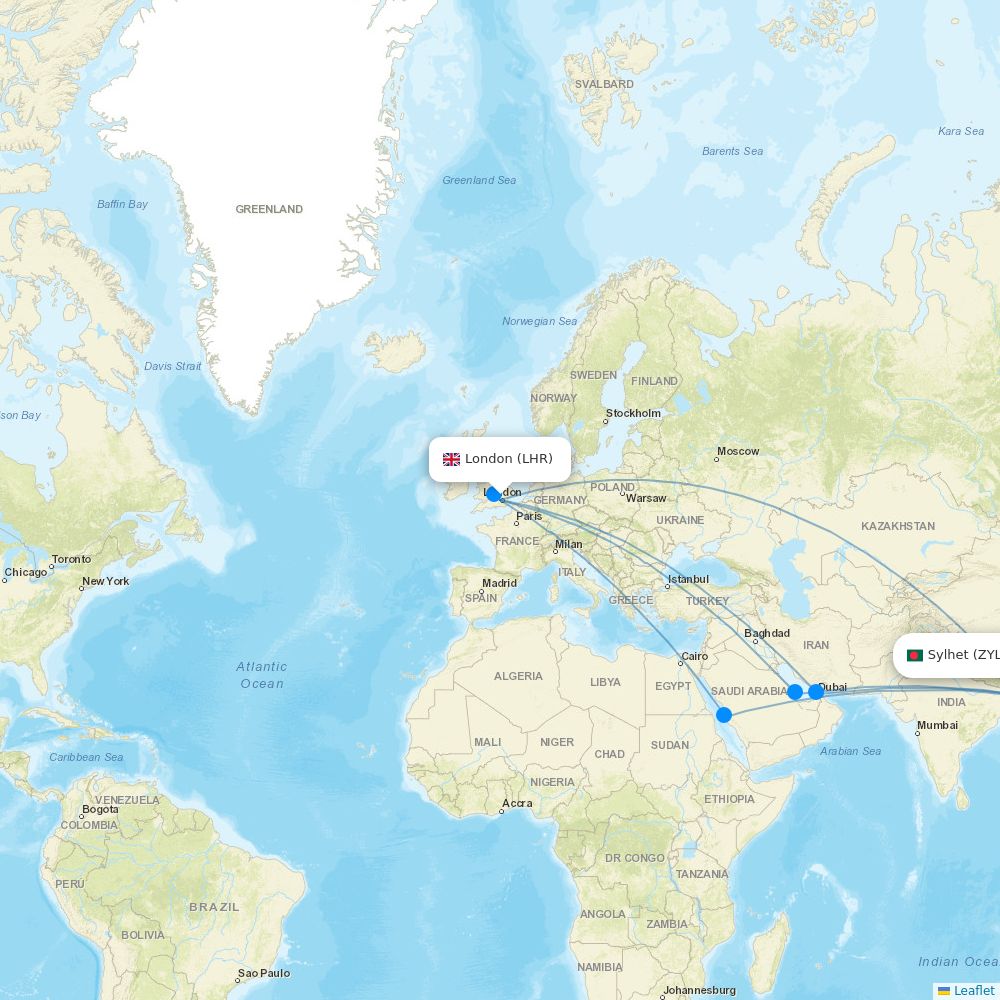 Biman Bangladesh Airlines routes (BG) 2025, map - Flight Routes