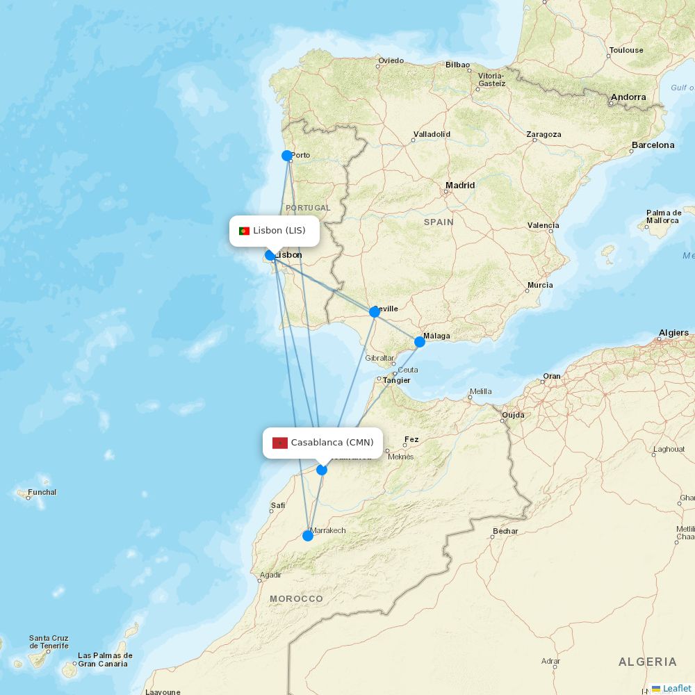 Royal Air Maroc airline routes (AT) - map - Flight Routes