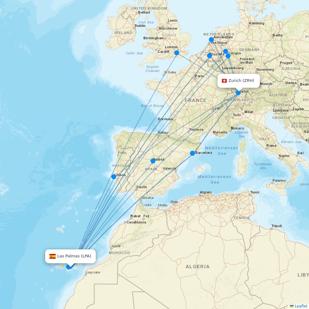 Edelweiss Air airline routes (WK) 2025, map - Flight Routes