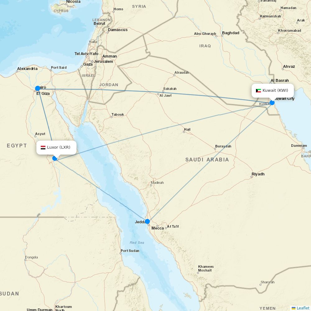 Jazeera Airways airline routes (J9) 2025, map - Flight Routes