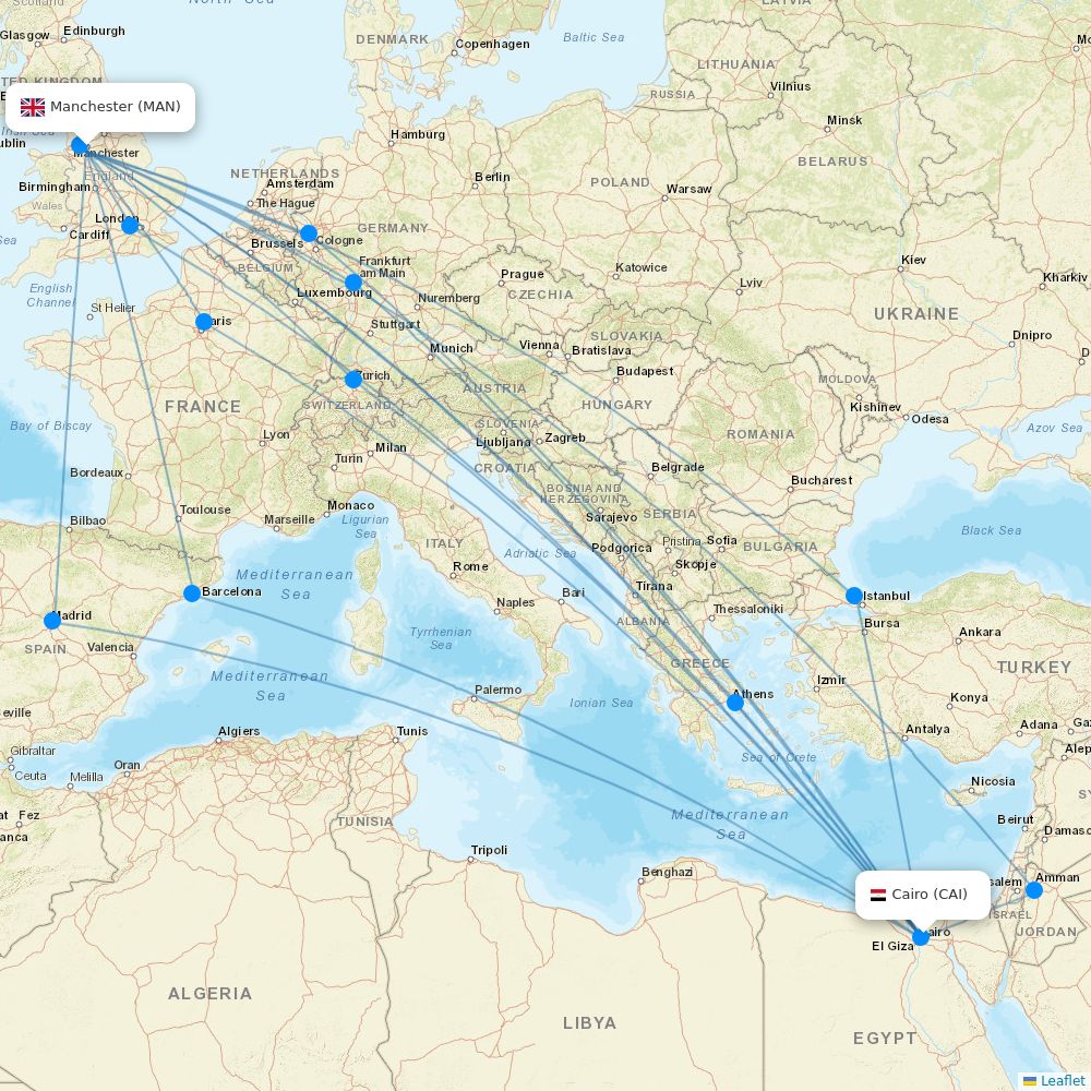 EgyptAir airline routes (MS) 2026, map - Flight Routes