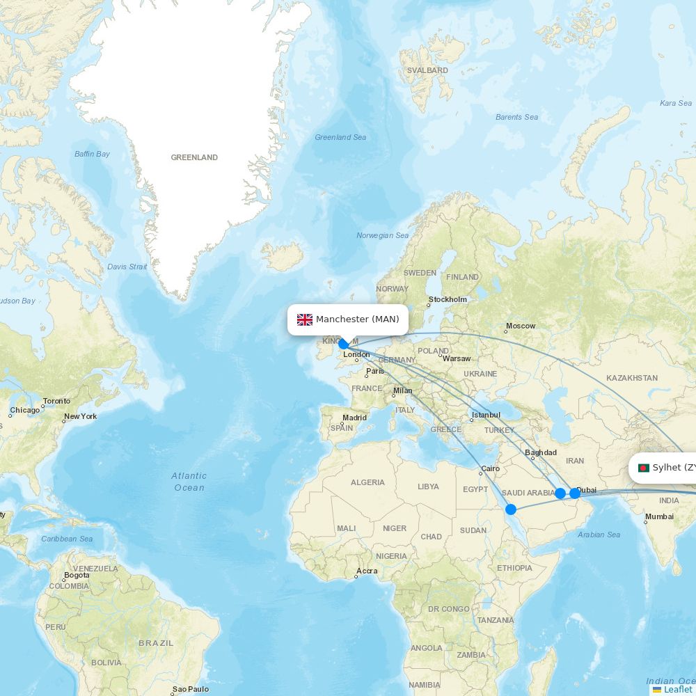 Biman Bangladesh Airlines routes (BG) 2025, map - Flight Routes