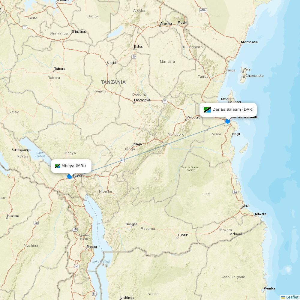 Air Tanzania airline routes (TC) 2026, map - Flight Routes