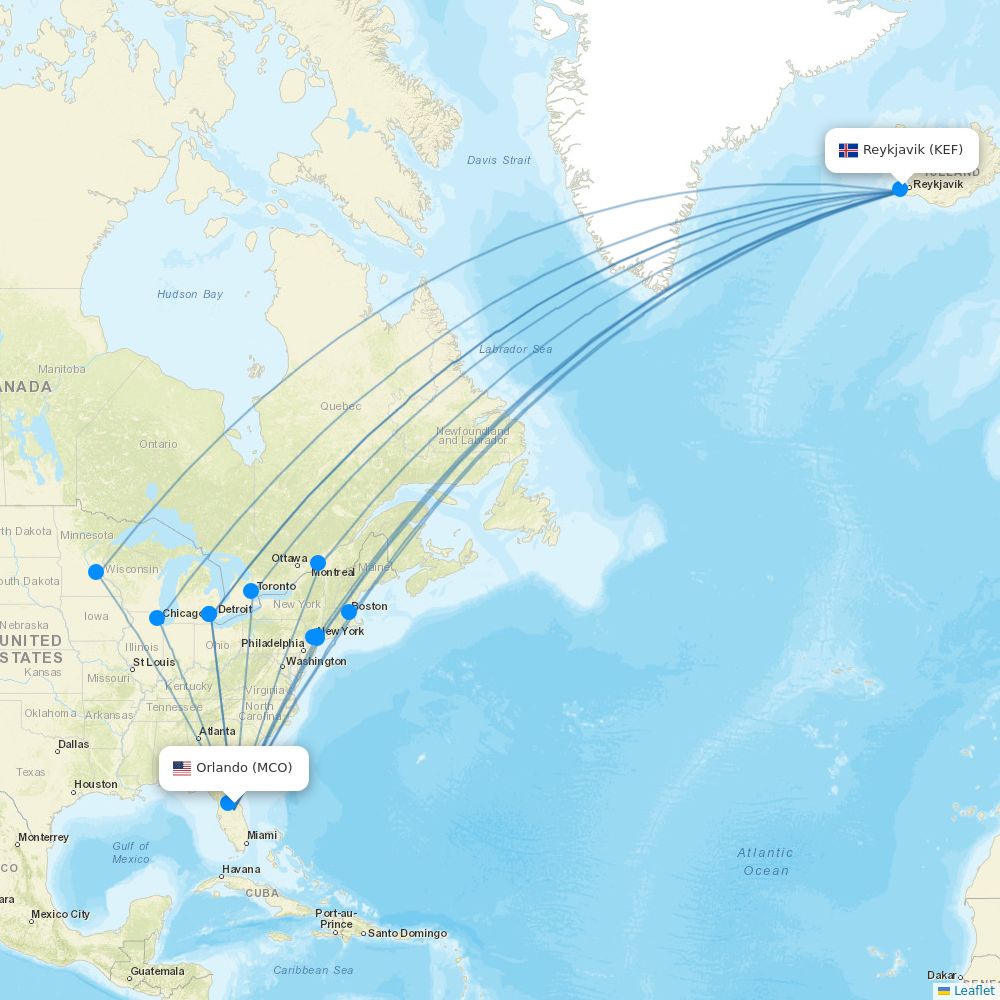Icelandair airline routes (FI) 2026, map - Flight Routes