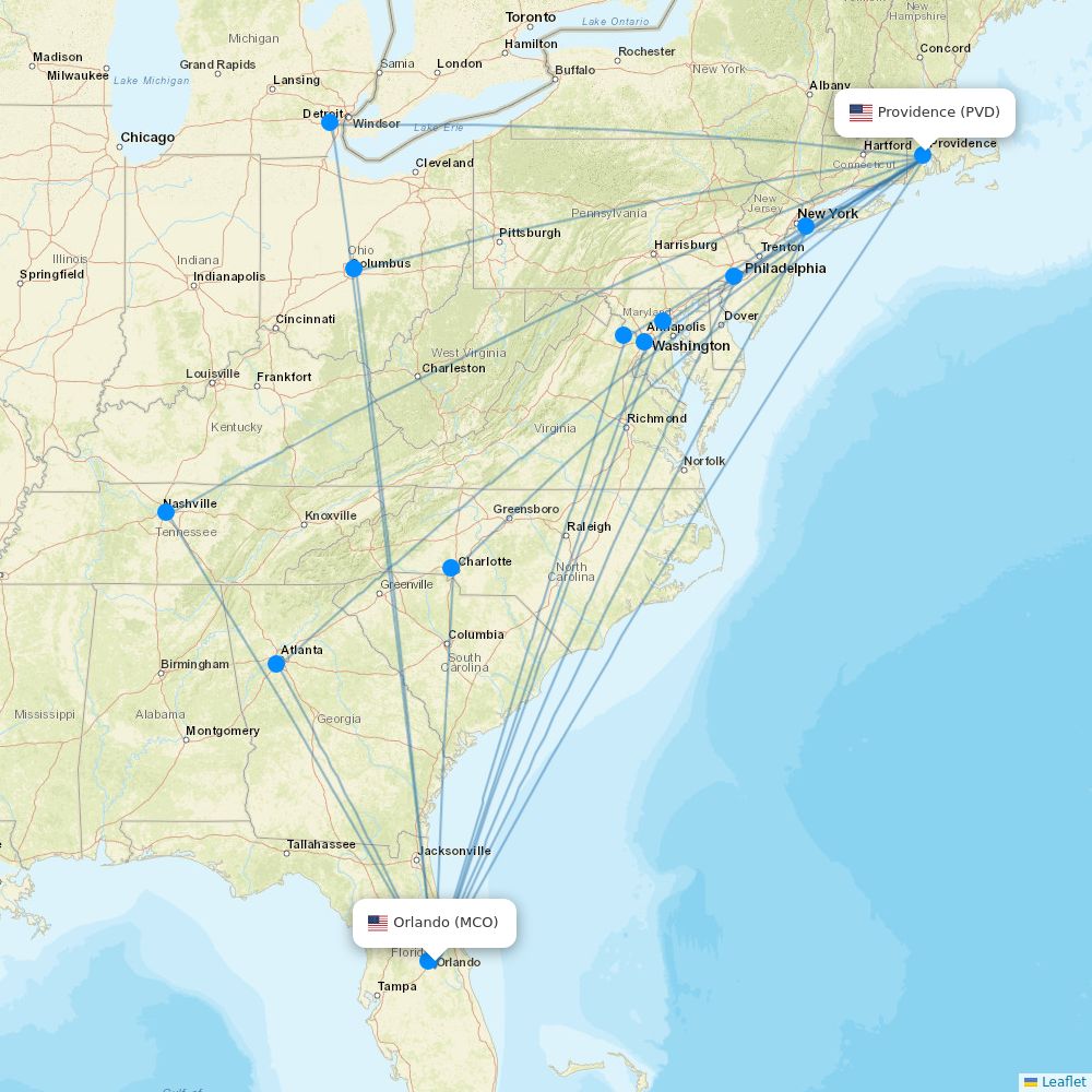 Breeze Airways airline routes (MX) 2025, map - Flight Routes