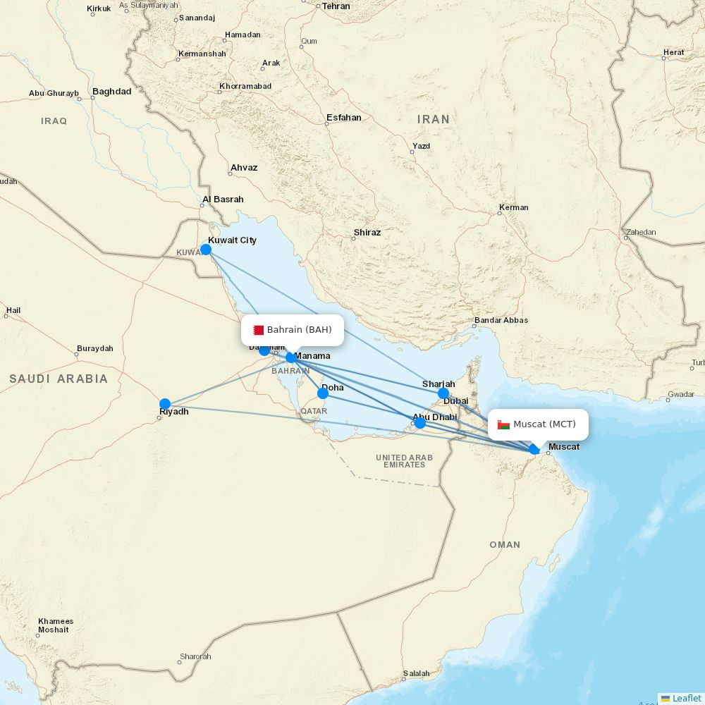 Gulf Air airline routes (GF) 2025, map - Flight Routes