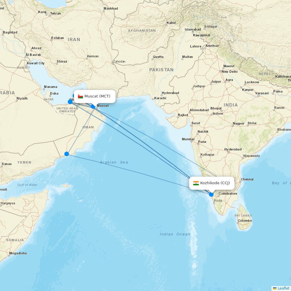 Oman Air airline routes (WY) - map - Flight Routes