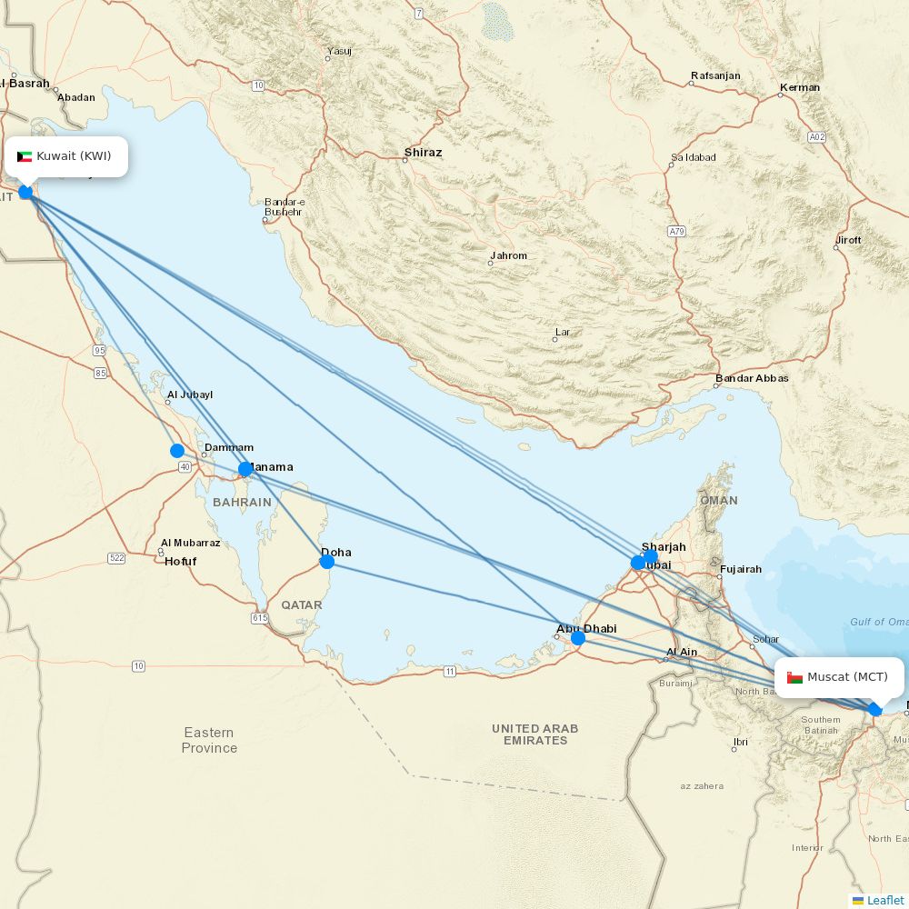 Oman Air airline routes (WY) - map - Flight Routes