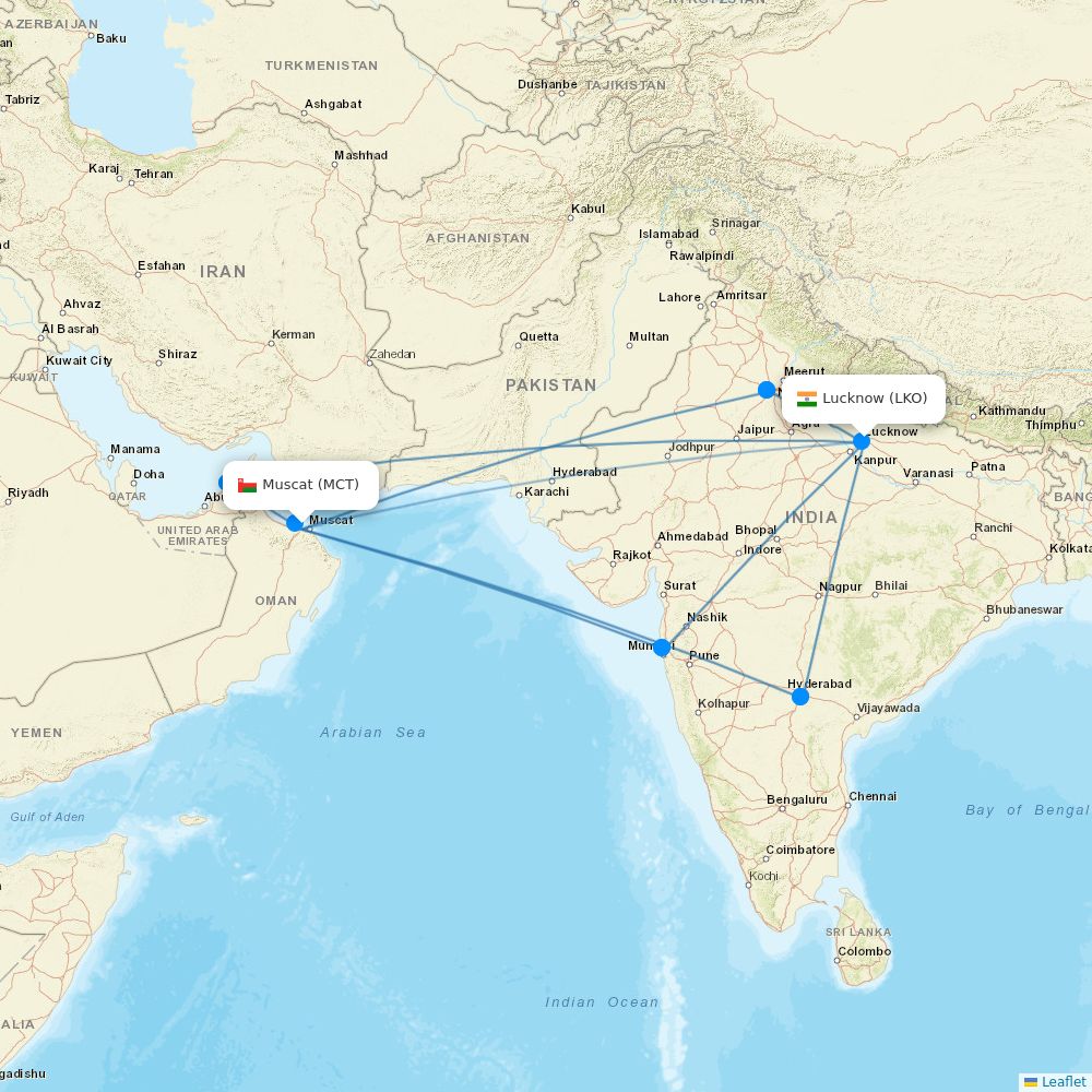 Oman Air airline routes (WY) 2025, map - Flight Routes