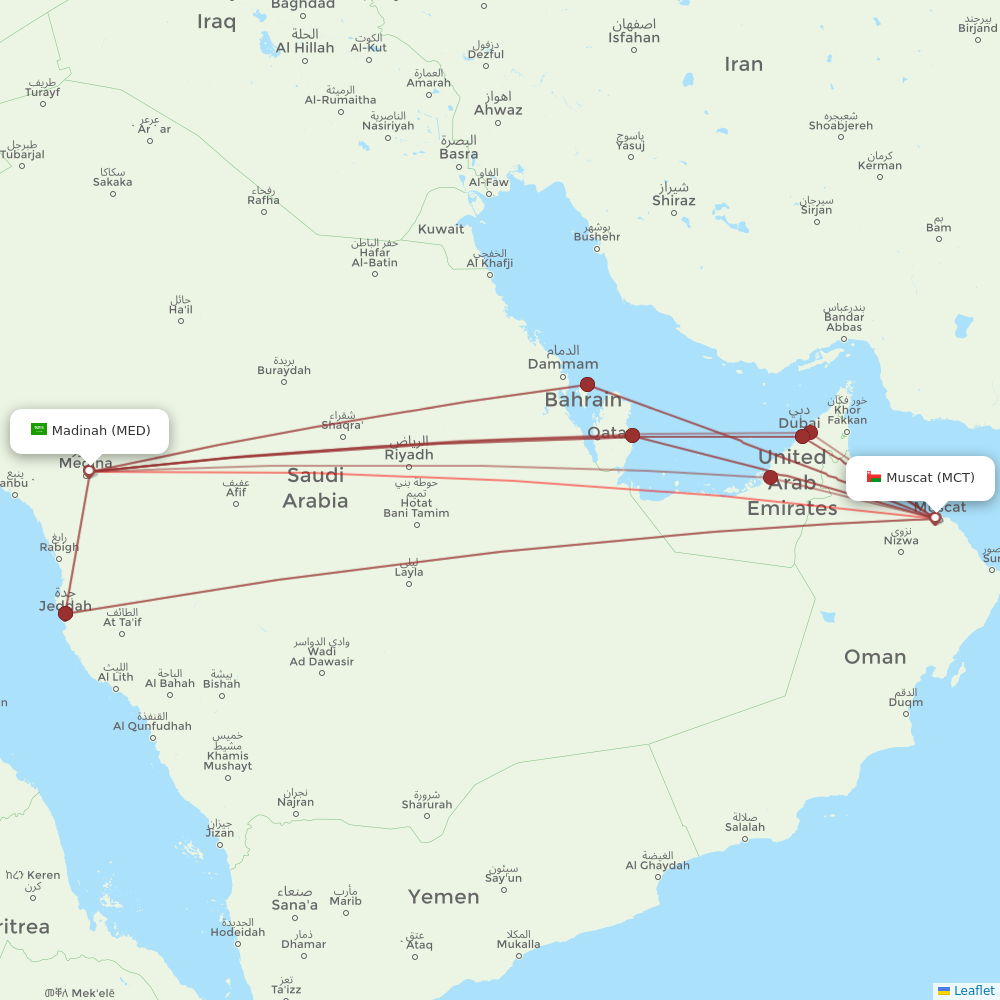 Oman Air airline routes (WY) 2026, map - Flight Routes