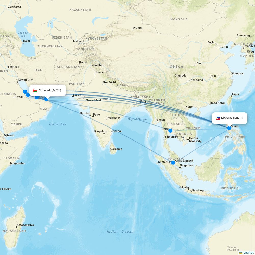 Oman Air airline routes (WY) 2025, map - Flight Routes