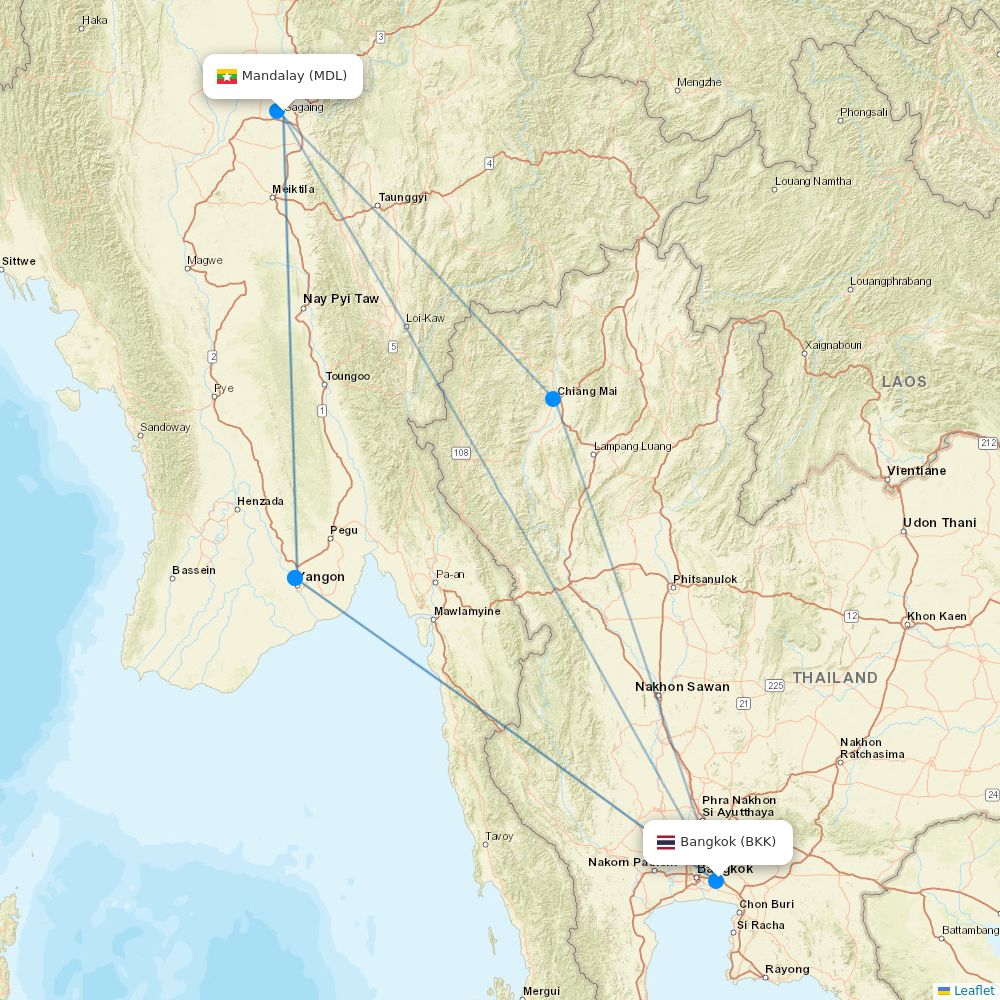 Myanmar Airways International airline routes (8M) 2026, map - Flight Routes