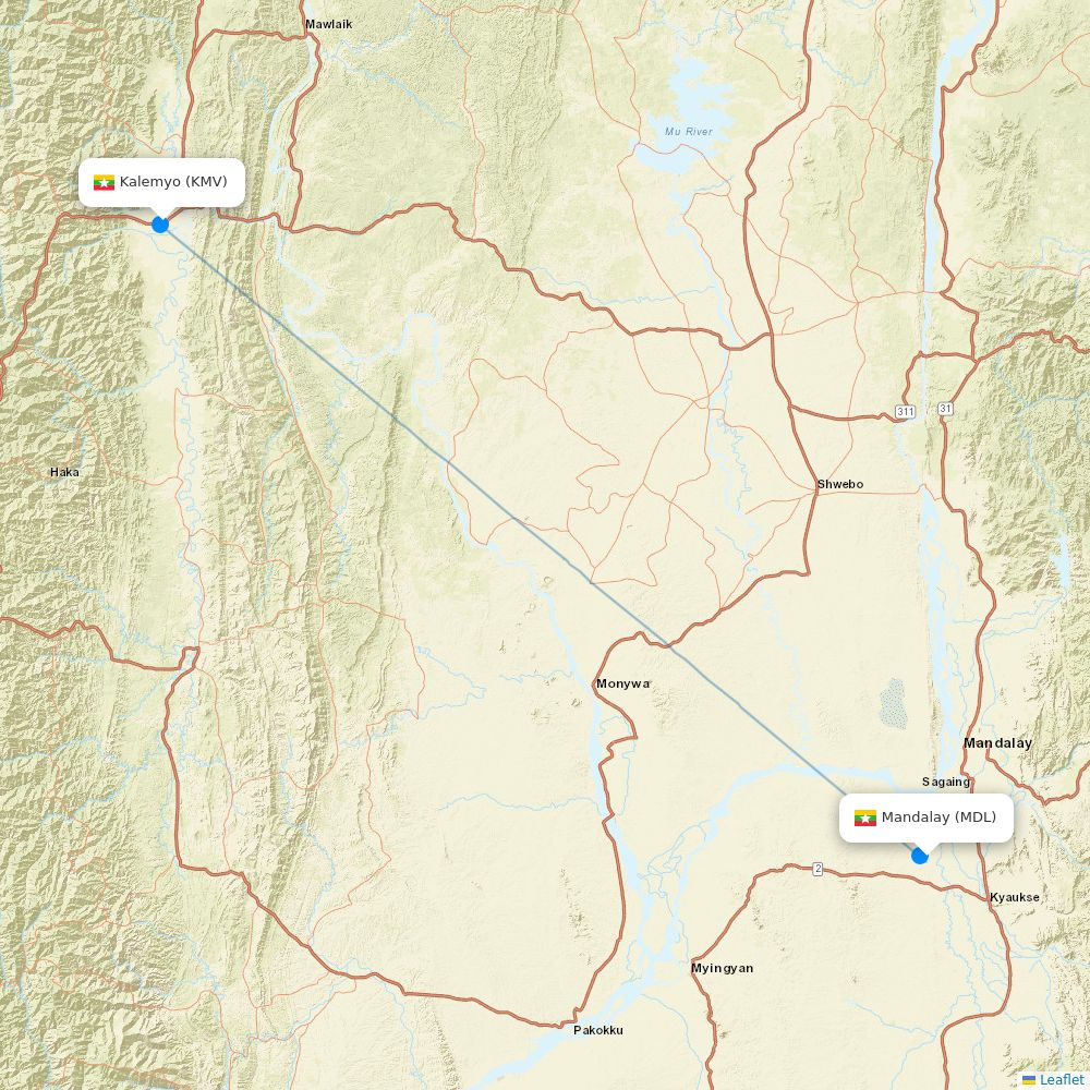 Myanmar Airways International airline routes (8M) 2025, map - Flight Routes