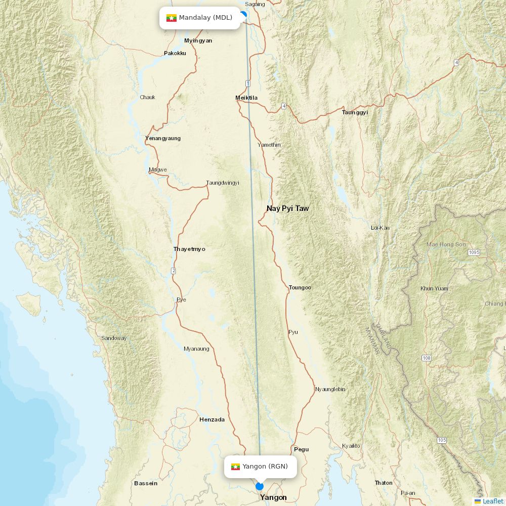 Myanmar Airways International airline routes (8M) 2025, map - Flight Routes