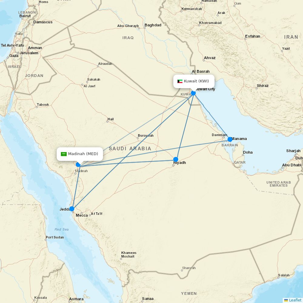 Jazeera Airways airline routes (J9) 2026, map - Flight Routes