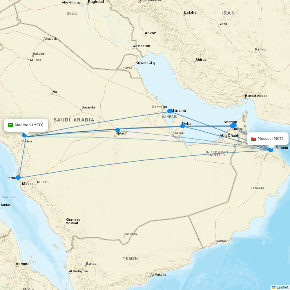 Oman Air airline routes (WY) 2025, map - Flight Routes