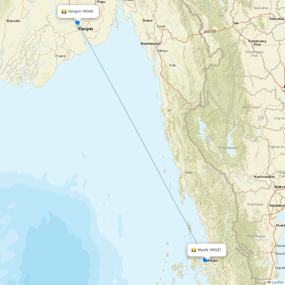 Myanmar Airways International airline routes (8M) 2025, map - Flight Routes