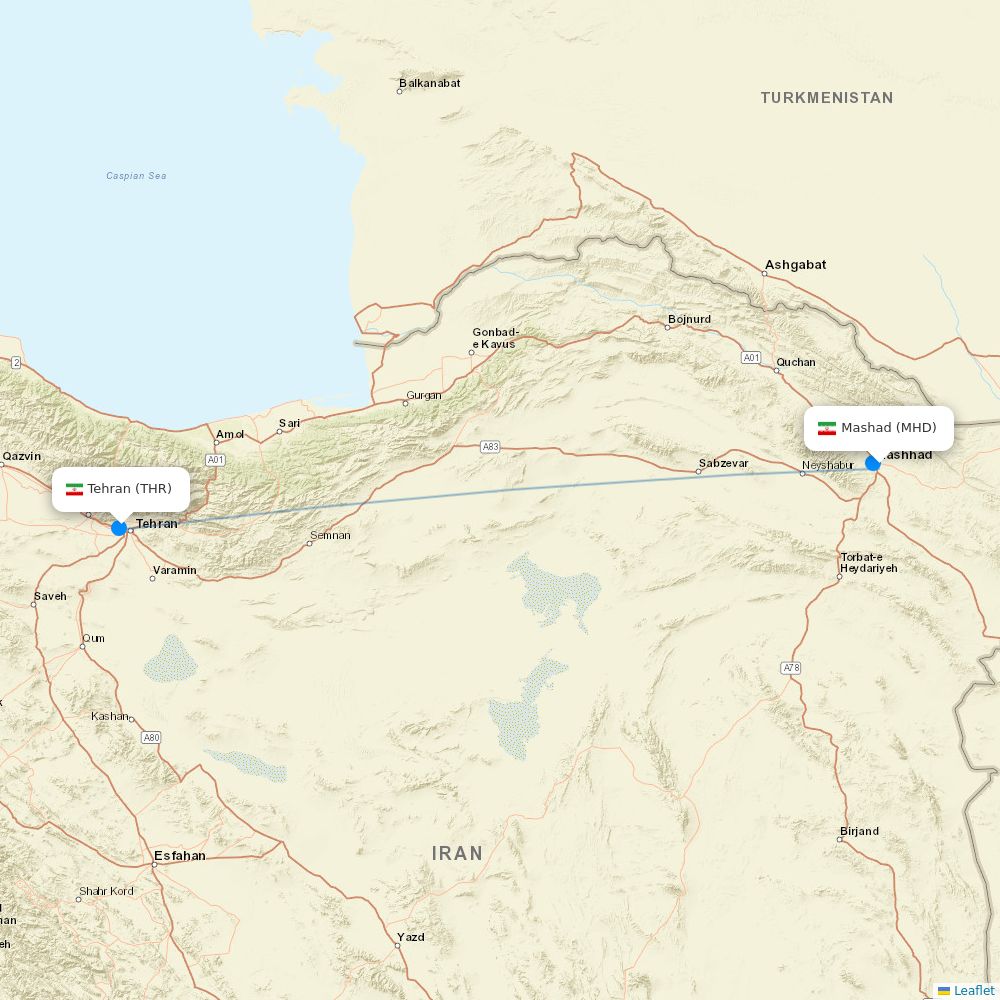 Iran Air airline routes (IR) 2025, map - Flight Routes