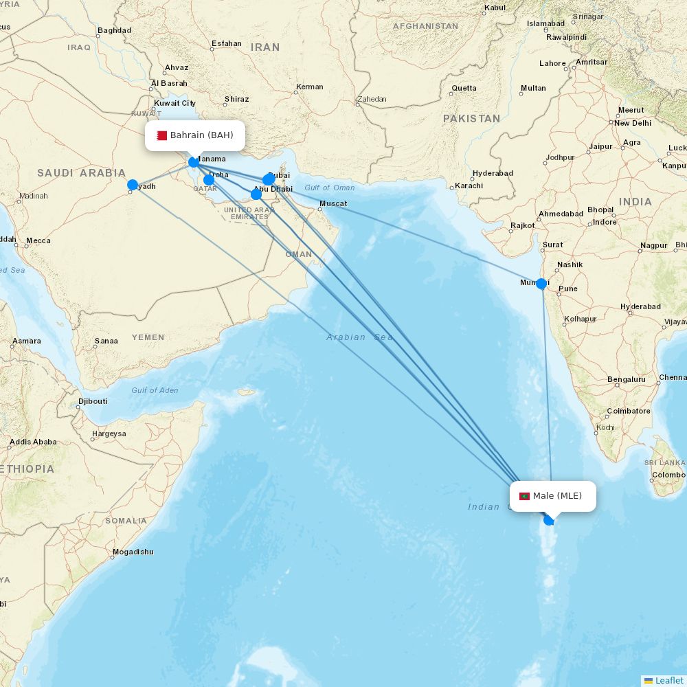 Gulf Air airline routes (GF) 2025, map - Flight Routes