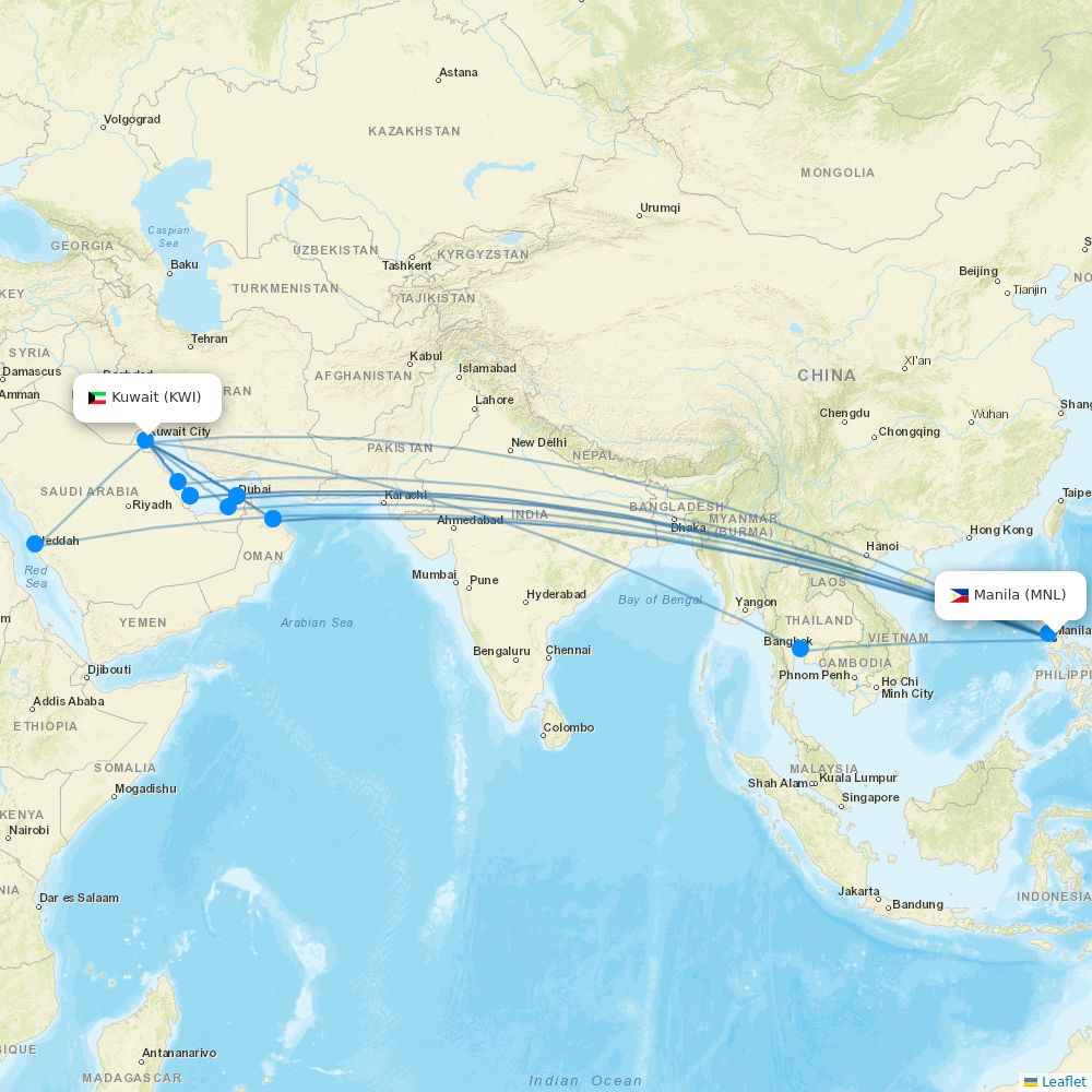 Kuwait Airways airline routes (KU) 2026, map - Flight Routes