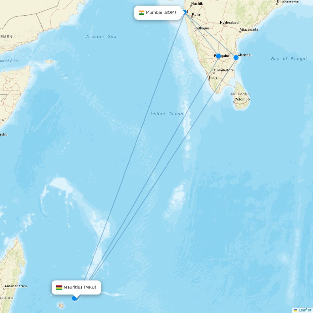 Air Mauritius airline routes (MK) 2026, map - Flight Routes