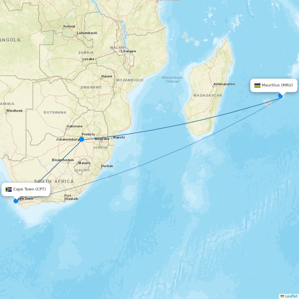 South African Airways airline routes (SA) 2025, map - Flight Routes