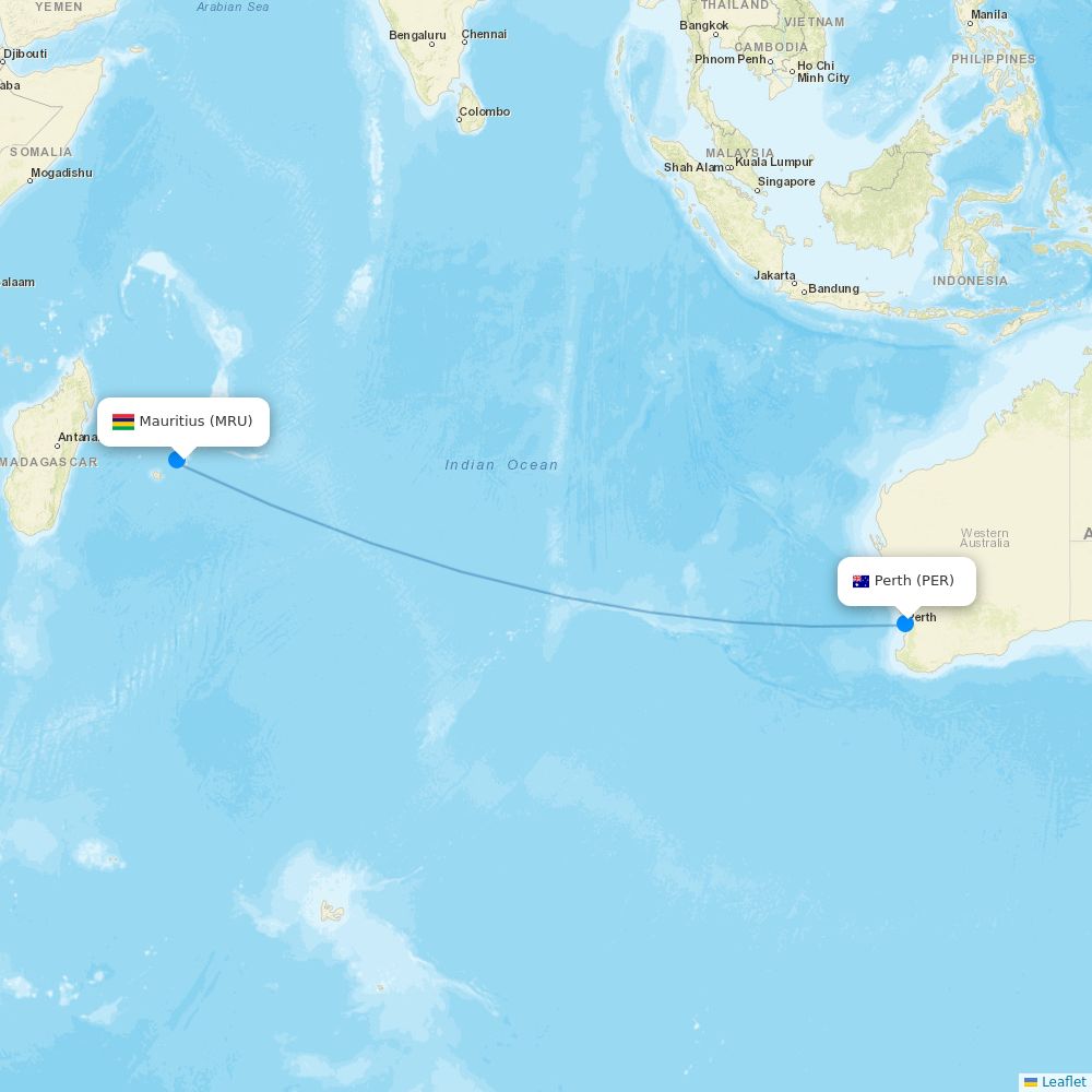 Air Mauritius airline routes (MK) 2026, map - Flight Routes