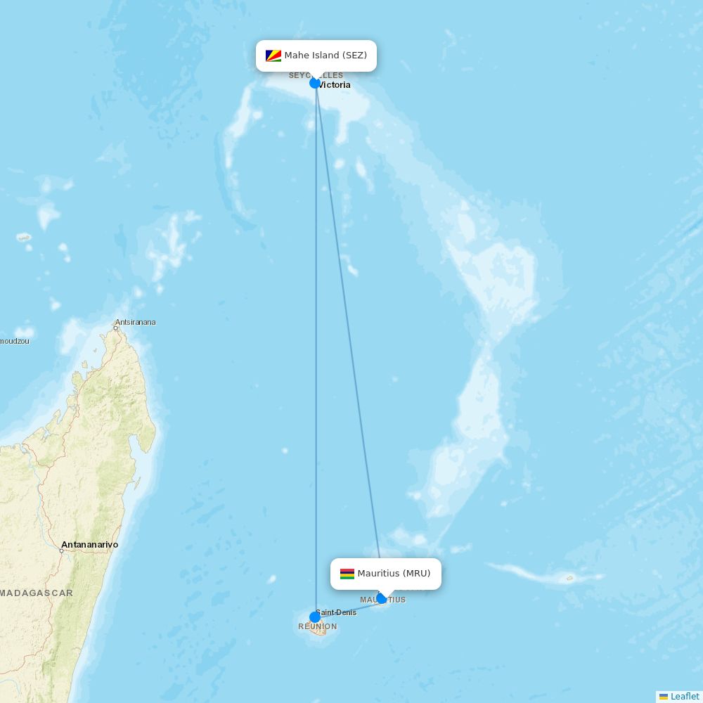 Air Seychelles airline routes (HM) 2025, map - Flight Routes