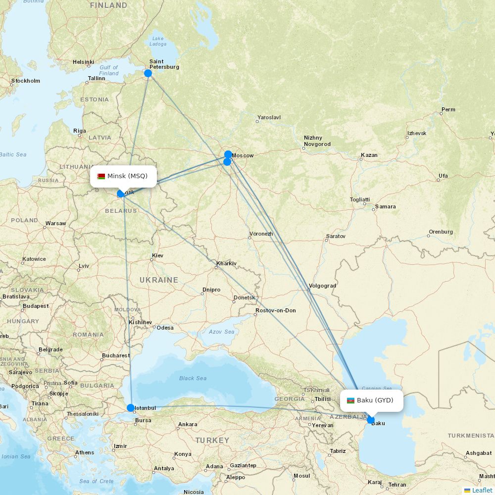 Belavia airline routes (B2) 2026, map - Flight Routes