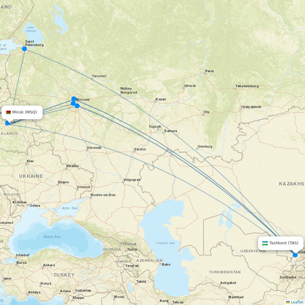 Belavia airline routes (B2) 2026, map - Flight Routes