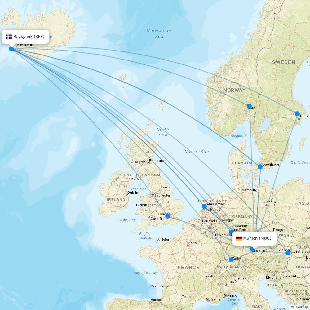 Icelandair airline routes (FI) 2025, map - Flight Routes