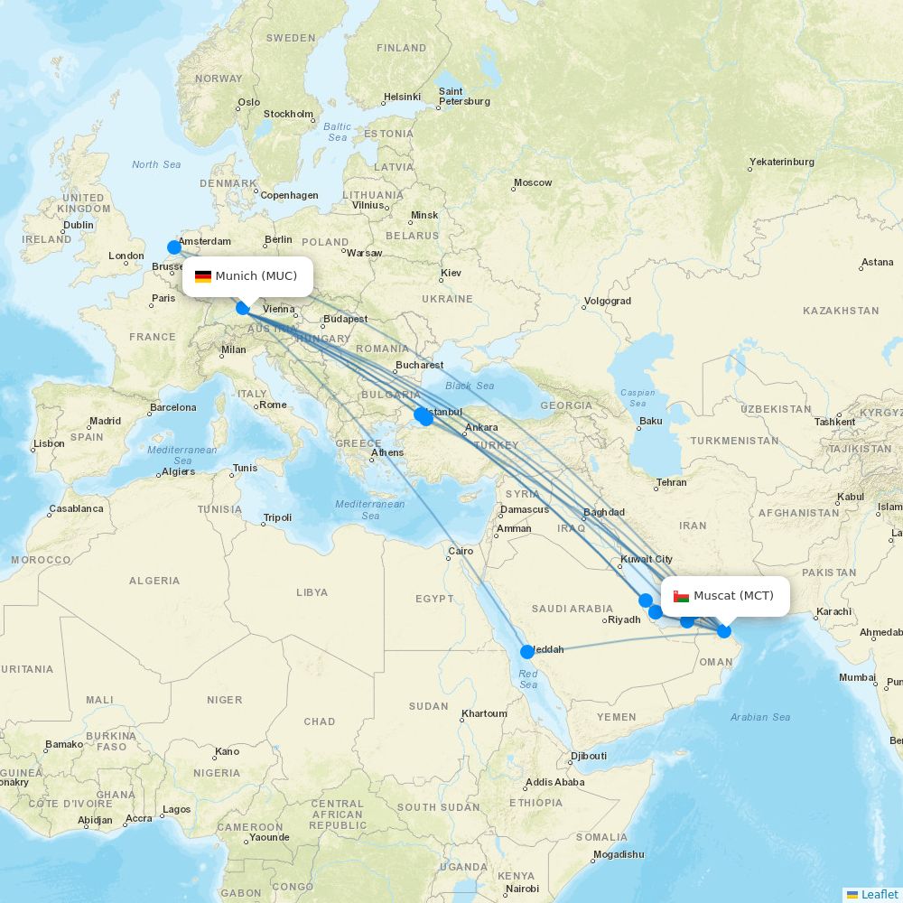 Oman Air airline routes (WY) 2025, map - Flight Routes