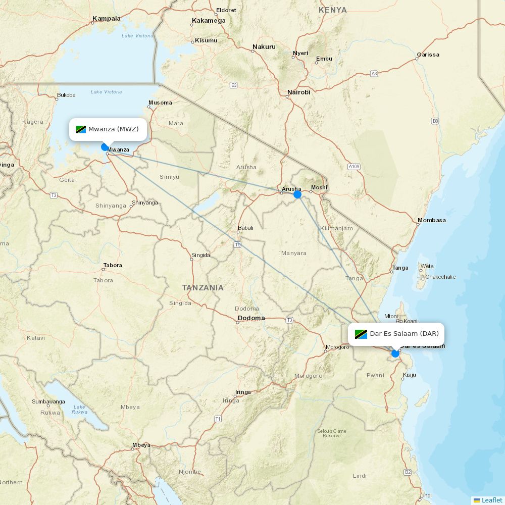 Air Tanzania airline routes (TC) 2025, map - Flight Routes