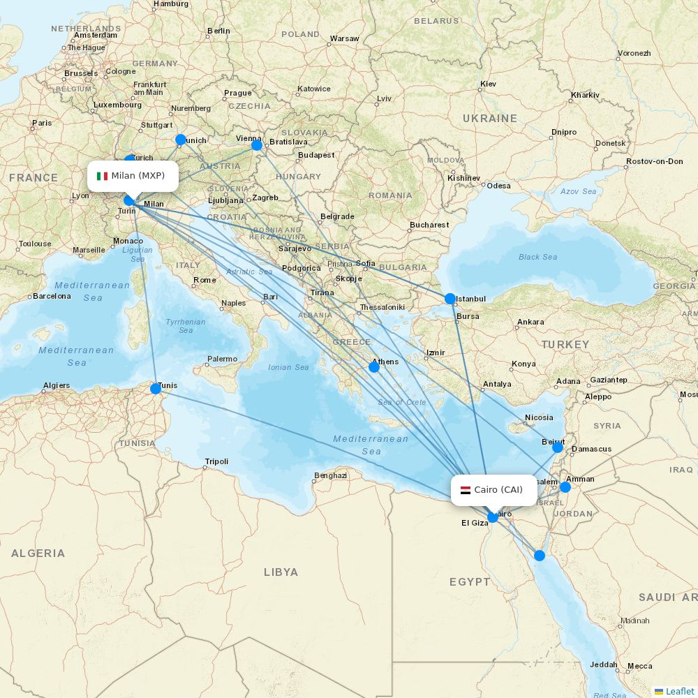 EgyptAir airline routes (MS) 2026, map - Flight Routes