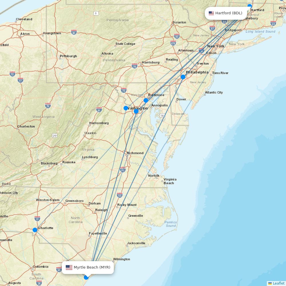 Breeze Airways airline routes (MX) 2025, map - Flight Routes
