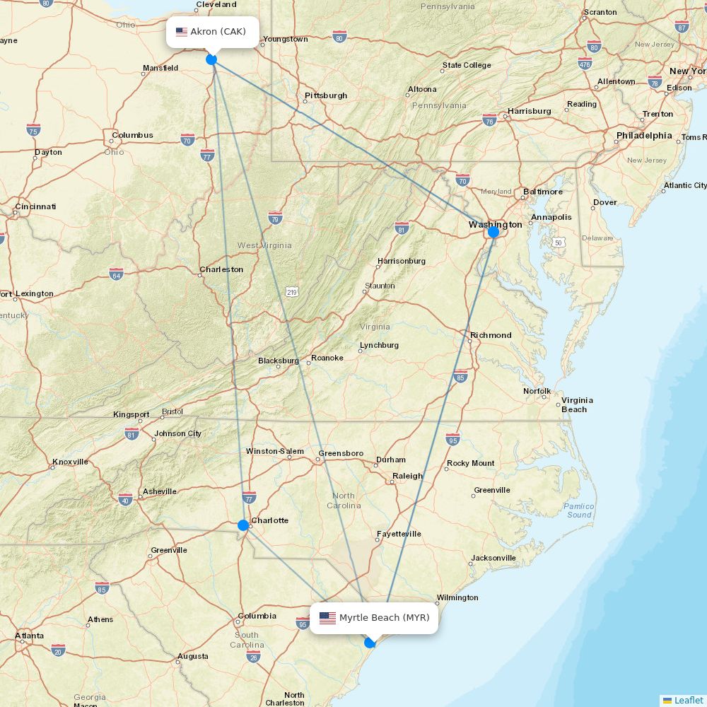 Breeze Airways airline routes (MX) 2025, map - Flight Routes