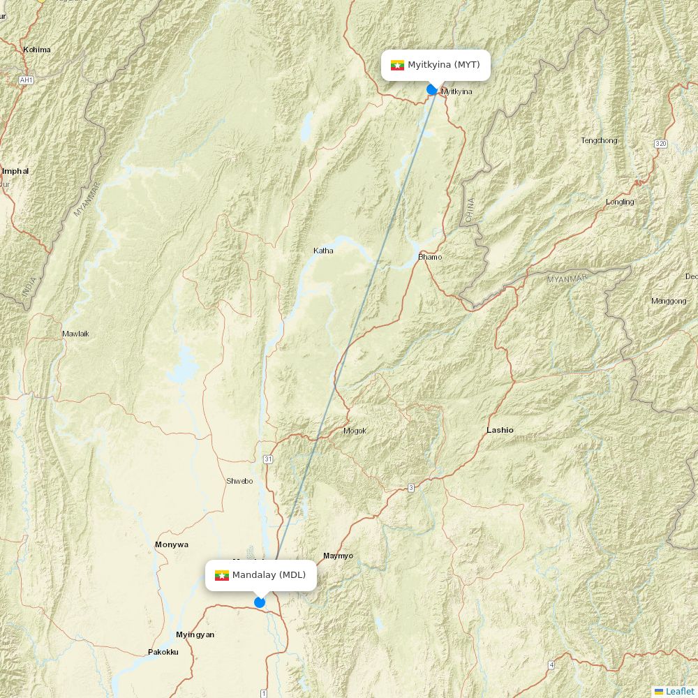 Myanmar Airways International airline routes (8M) 2026, map - Flight Routes