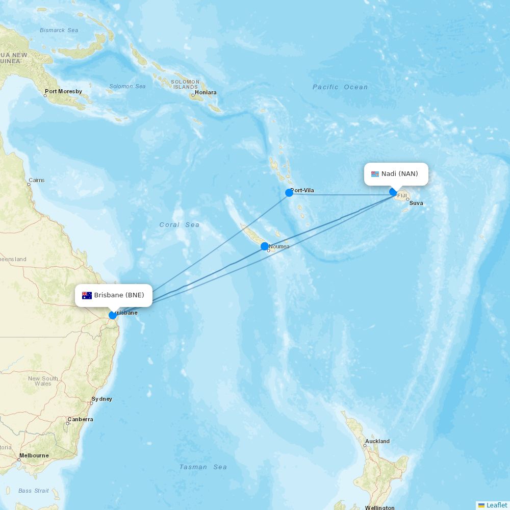 Fiji Airways airline routes (FJ) 2026, map - Flight Routes