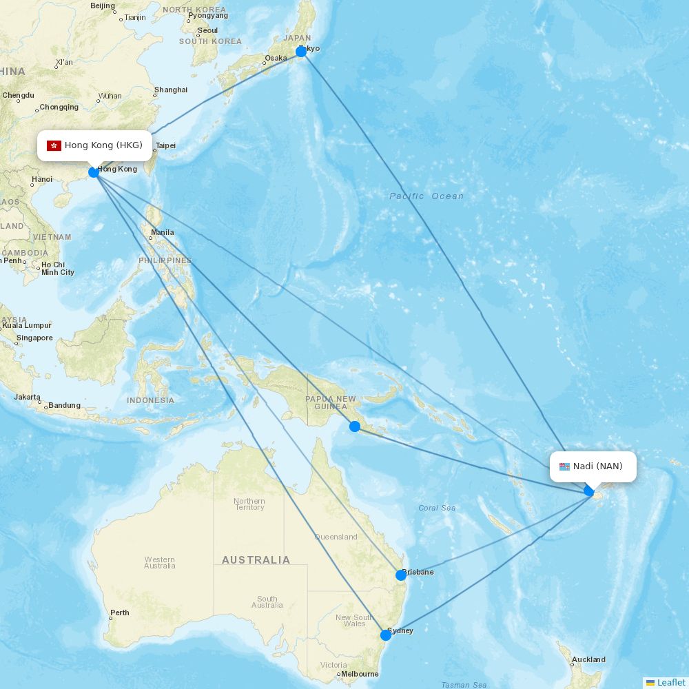 Fiji Airways airline routes (FJ) 2025, map - Flight Routes