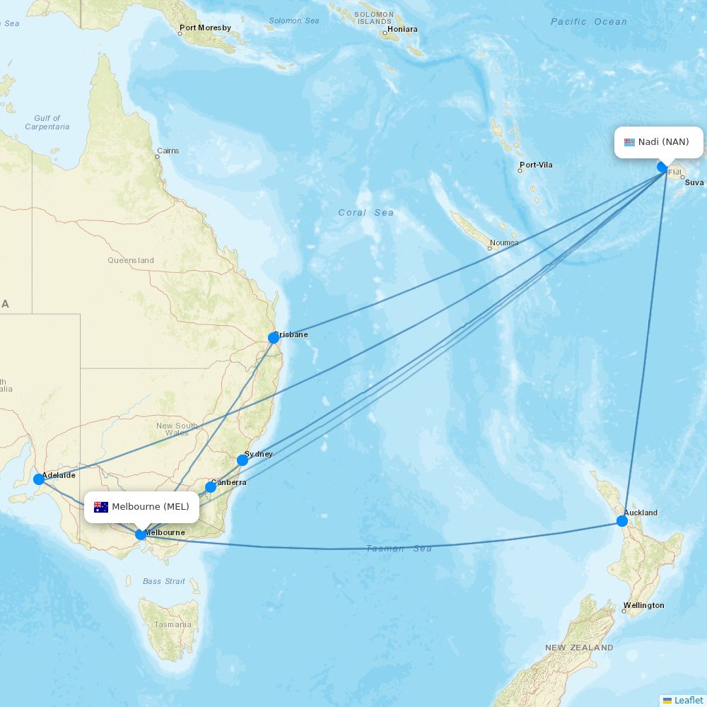 Fiji Airways airline routes (FJ) 2025, map - Flight Routes