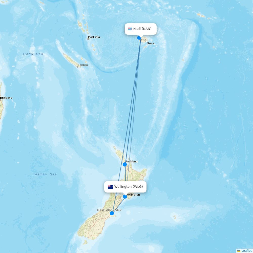 Fiji Airways airline routes (FJ) 2025, map - Flight Routes