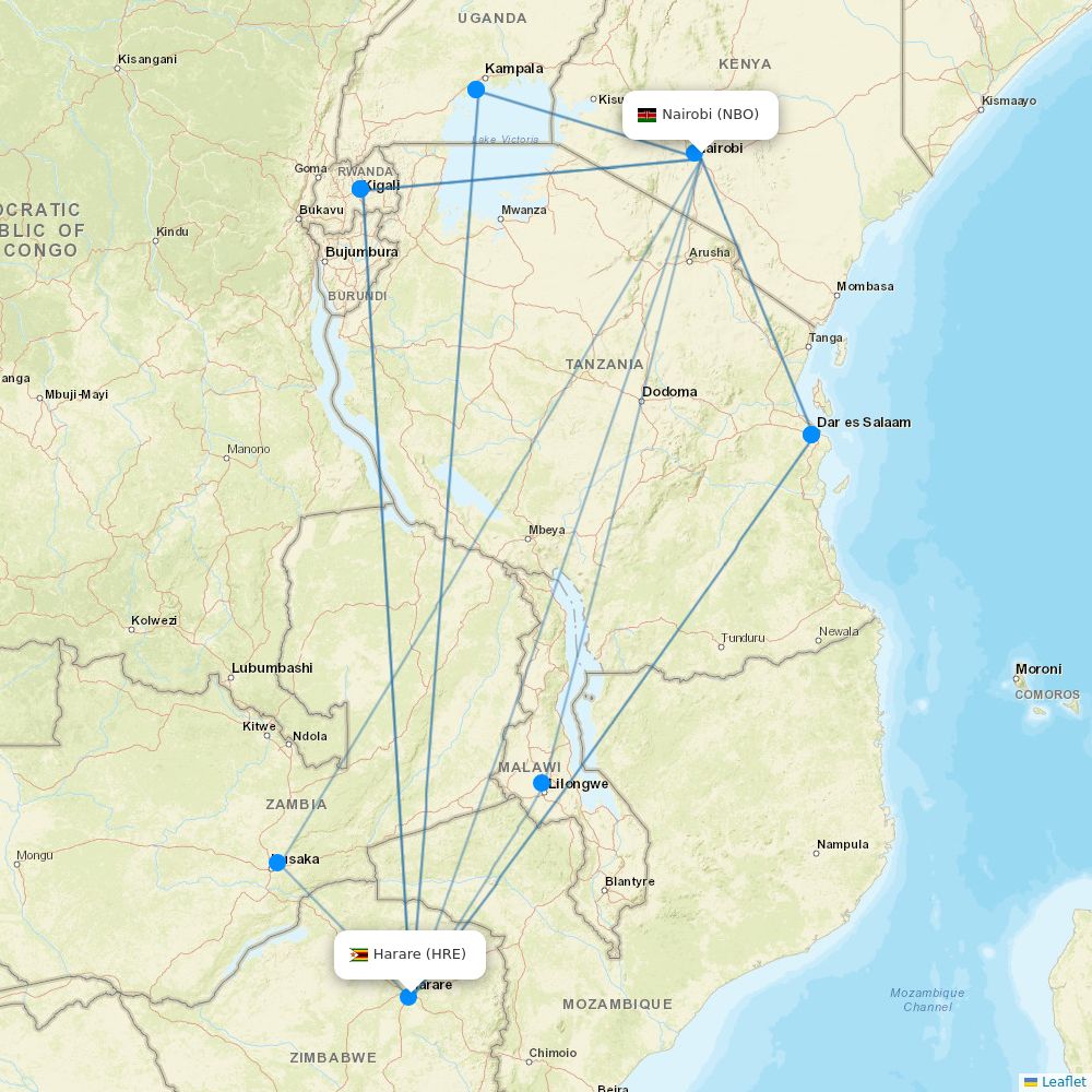 Kenya Airways airline routes (KQ) 2026, map - Flight Routes