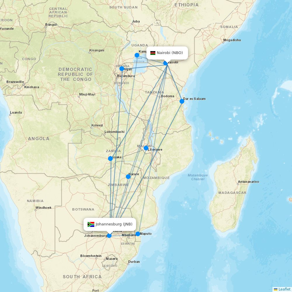 Kenya Airways airline routes (KQ) 2026, map - Flight Routes